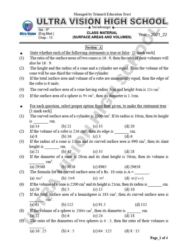 Surface Areas and Volumes Practice Test | PDF | Sphere | Area