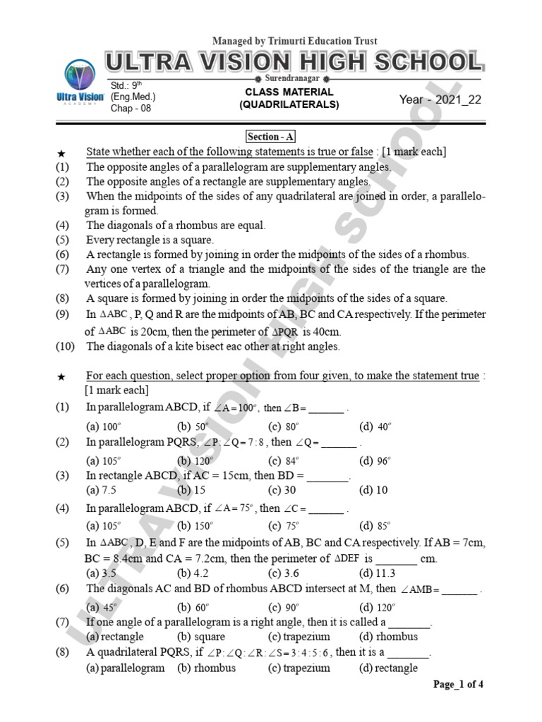 Chap 08 (Quadrilaterals) | PDF | Rectangle | Euclidean Geometry