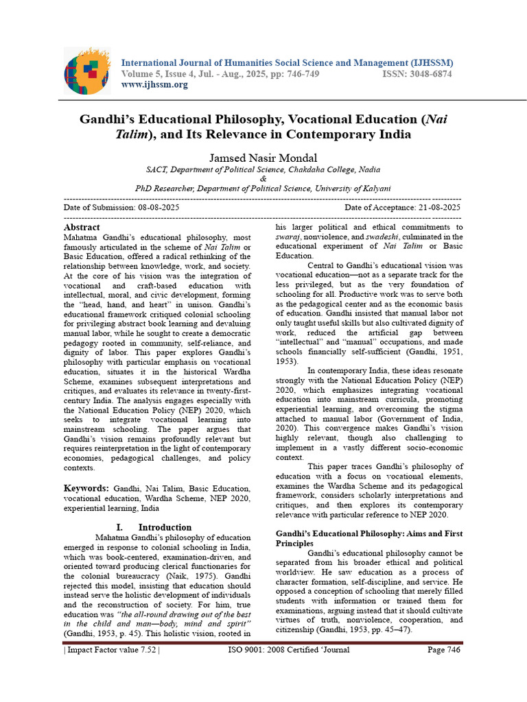 Gandhi S Educational Philosophy, Vocational Education Nai Talim, and ...