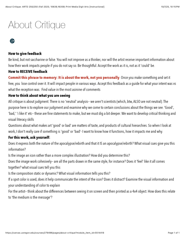 About Critique: ARTD 250:250 (Fall 2025; 10639,16359) Print Media Digit ...