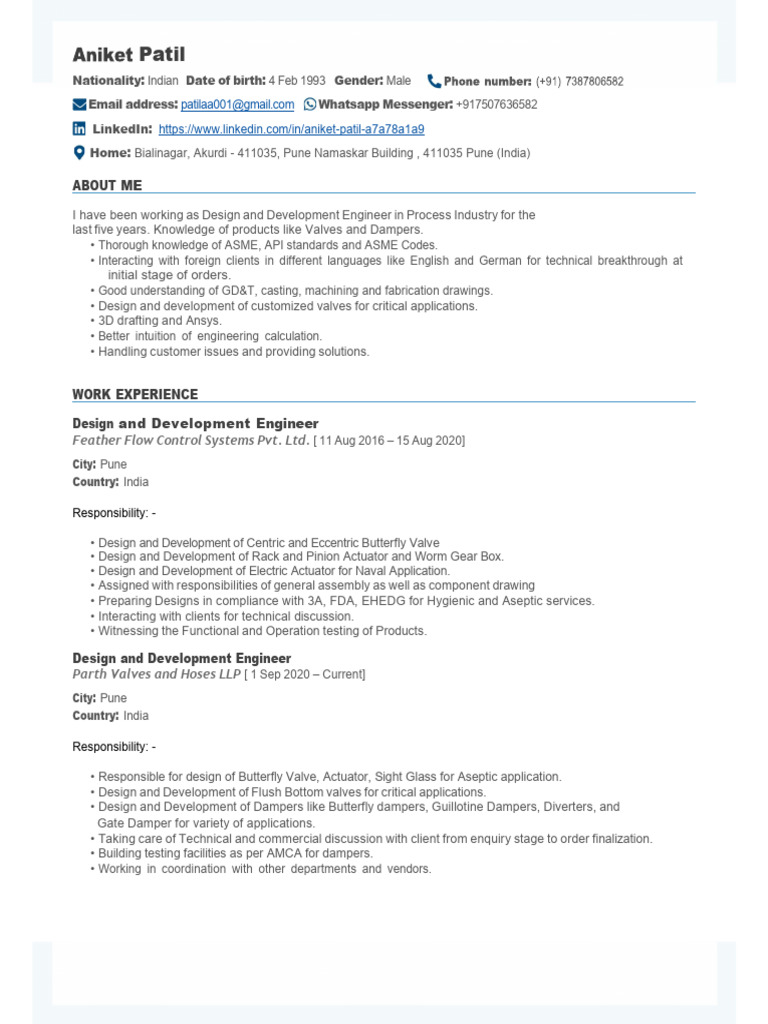 CV_Aniket Patil_Design and Development-4 | PDF | Actuator | Valve