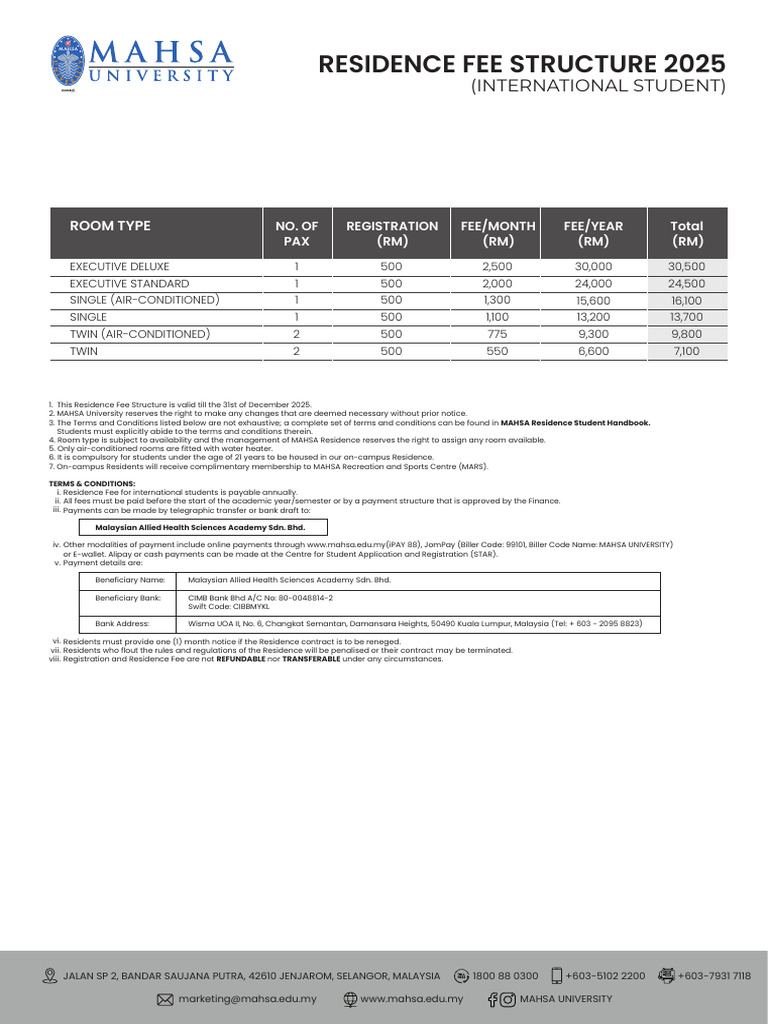 MAHSA University Residence Fee Structure | PDF