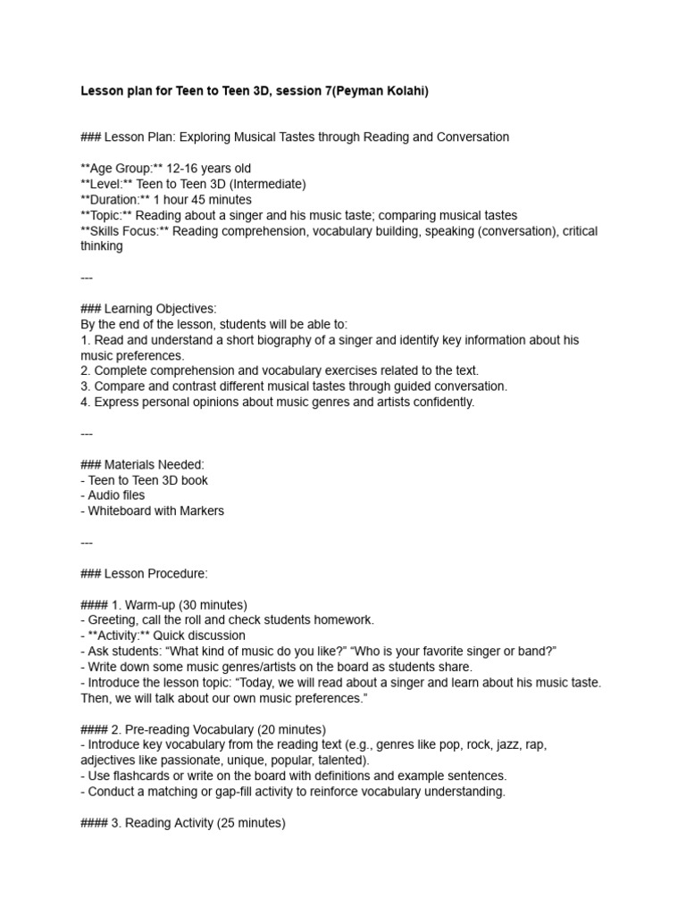 Lesson Plan For Teen To Teen 3D, Session 7 (Peyman Kolahi) | PDF ...