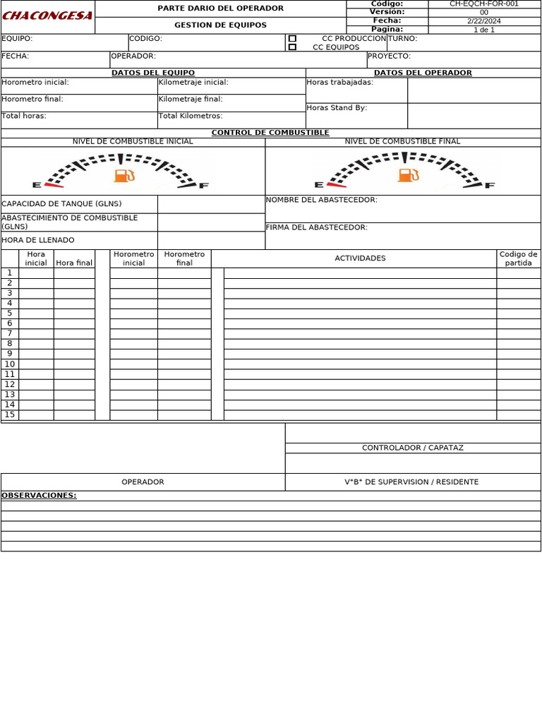 CH-EQCH-FOR-001 PARTE DIARIO DEL OPERADOR | PDF