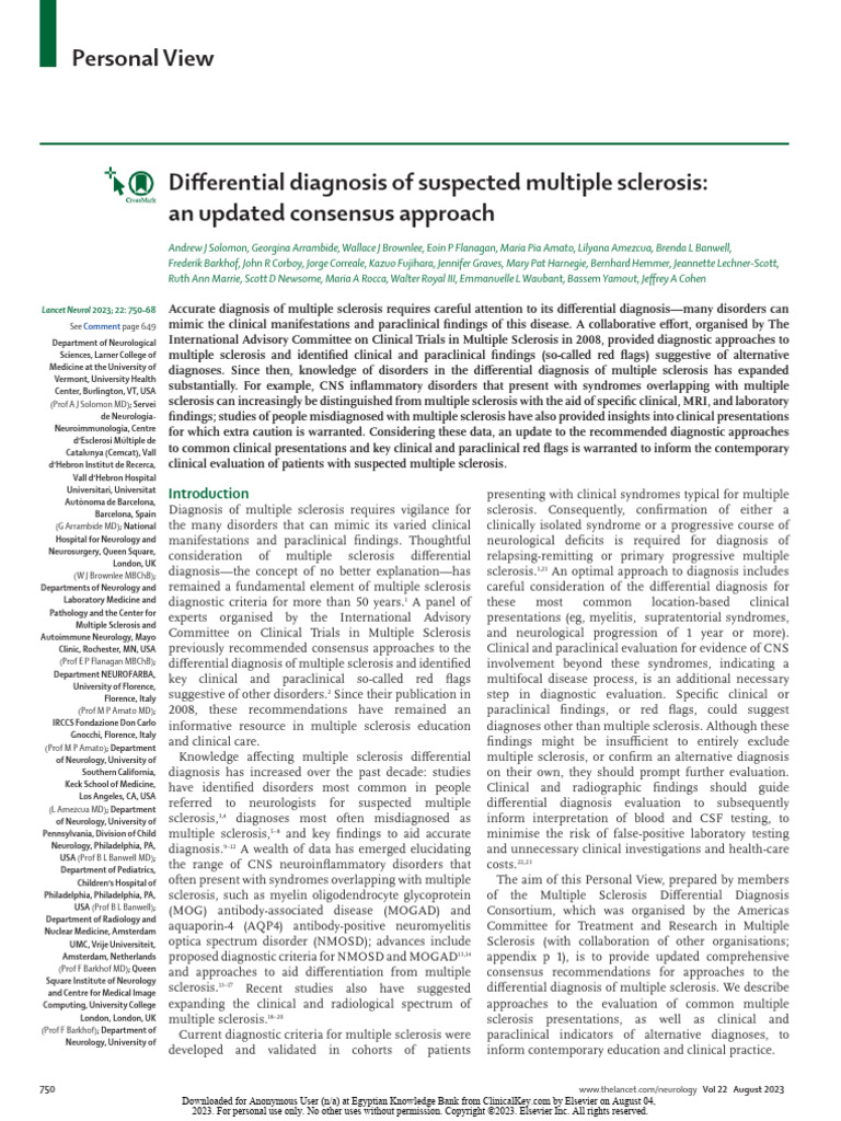 Differential Diagnosis of Suspected Multiple Sclerosis An Updated | PDF ...