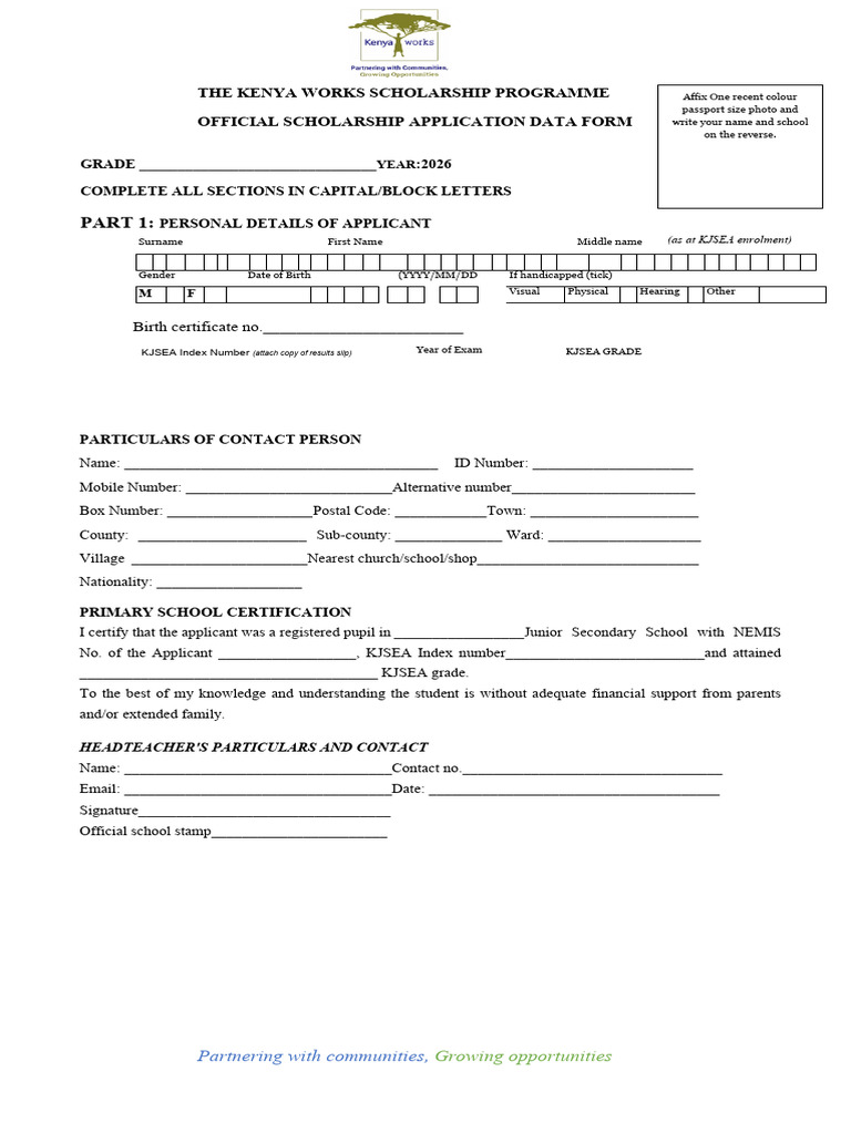 Updated Kenya Works Scholarship Application Forms | PDF