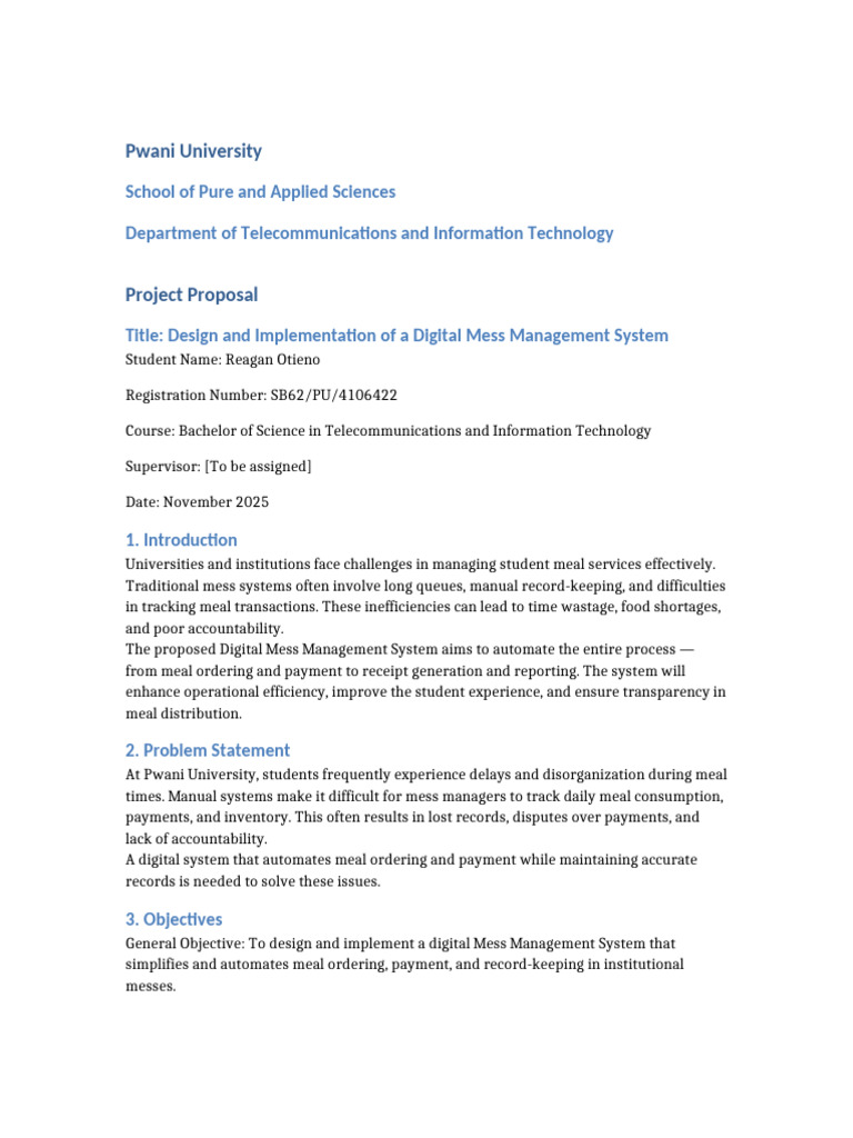 Mess Management System Proposal Reagan Otieno | PDF | Computing ...