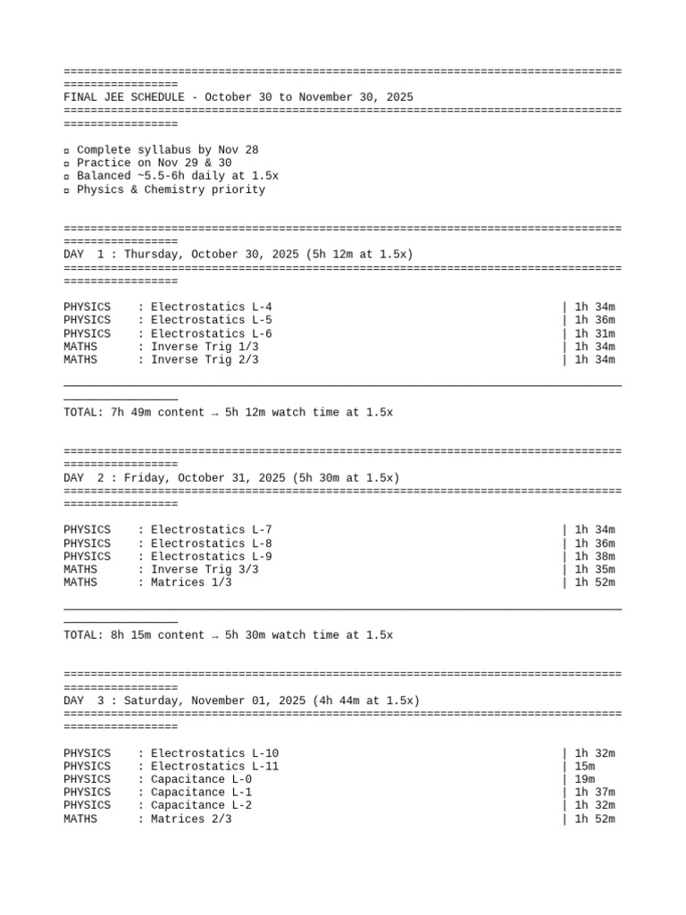 The Perfect Jee Schedule Oct30 Nov30 | PDF | Mathematical Physics ...