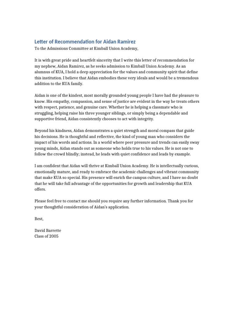 Letter of Recommendation Aidan Ramirez | PDF