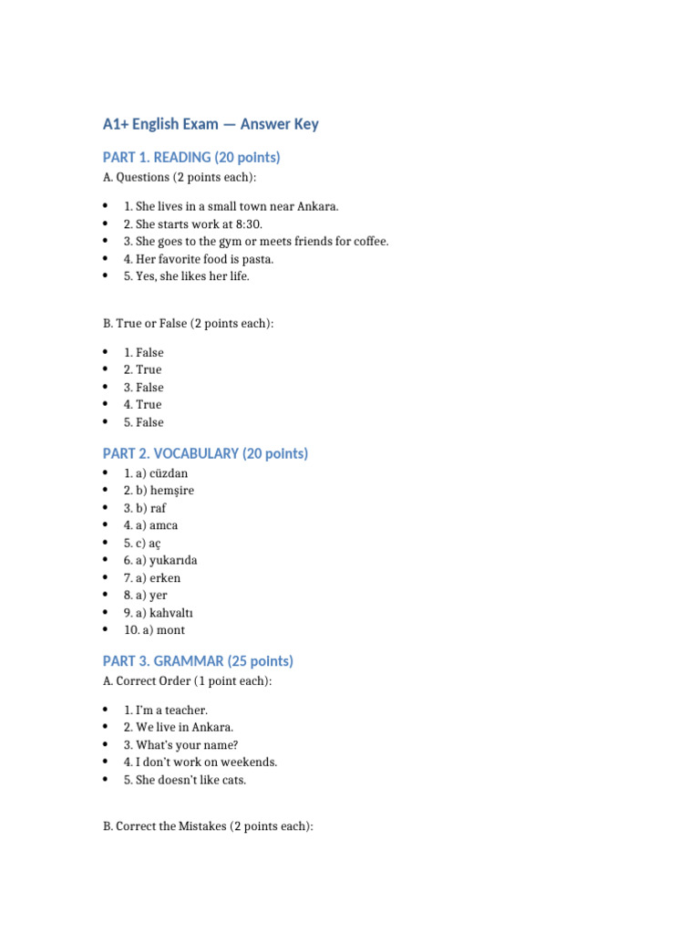 A1+ English Exam Answer Key | PDF