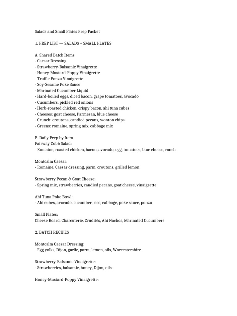 Salads and Small Plates Prep Packet | PDF