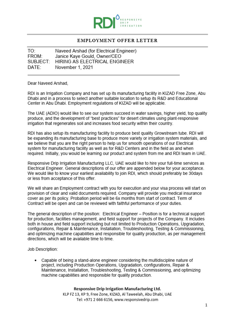 Electrical Engineer Job Offer - RDI UAE | PDF | United Arab Emirates ...