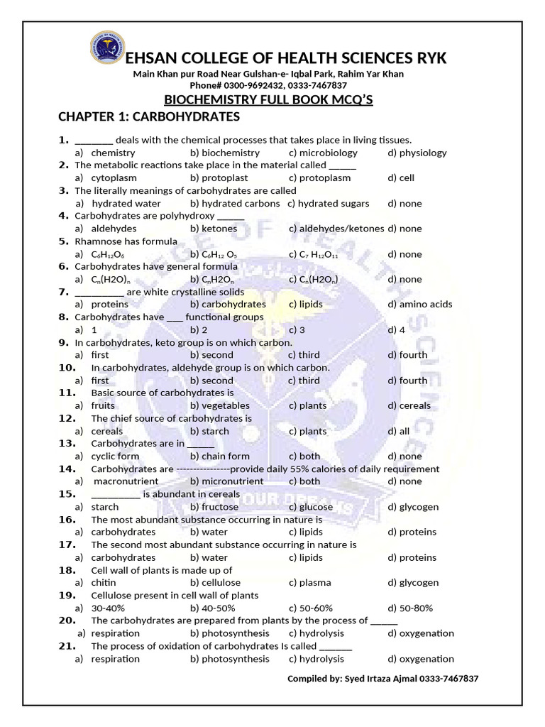 Biochemistry MCQs: Carbohydrates & Lipids | PDF | Carbohydrates ...