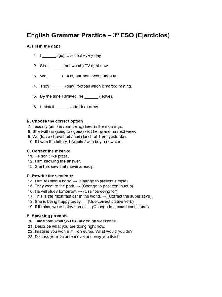 English Grammar Practice - 3º ESO (Ejercicios) | PDF | Chess | Chess Theory