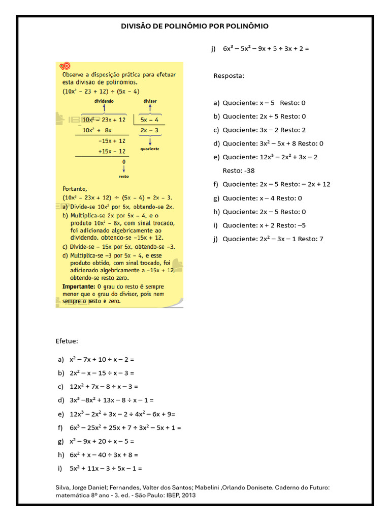 Exercícios_Divisão de Polinômio Por Polinômio | PDF