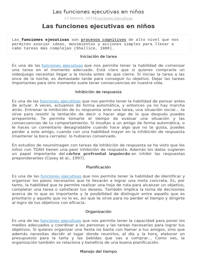 Las Funciones Ejecutivas en Niños | PDF | Funciones ejecutivas ...