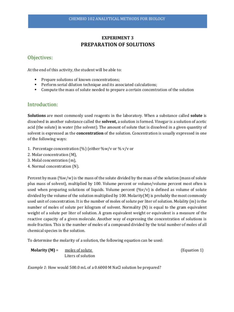 Solution Preparation Techniques in Biology | PDF | Concentration ...