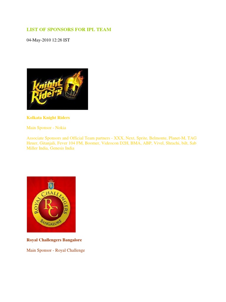 IPL Team Sponsors Overview 2010 | PDF | Cricket Competitions | Cricket