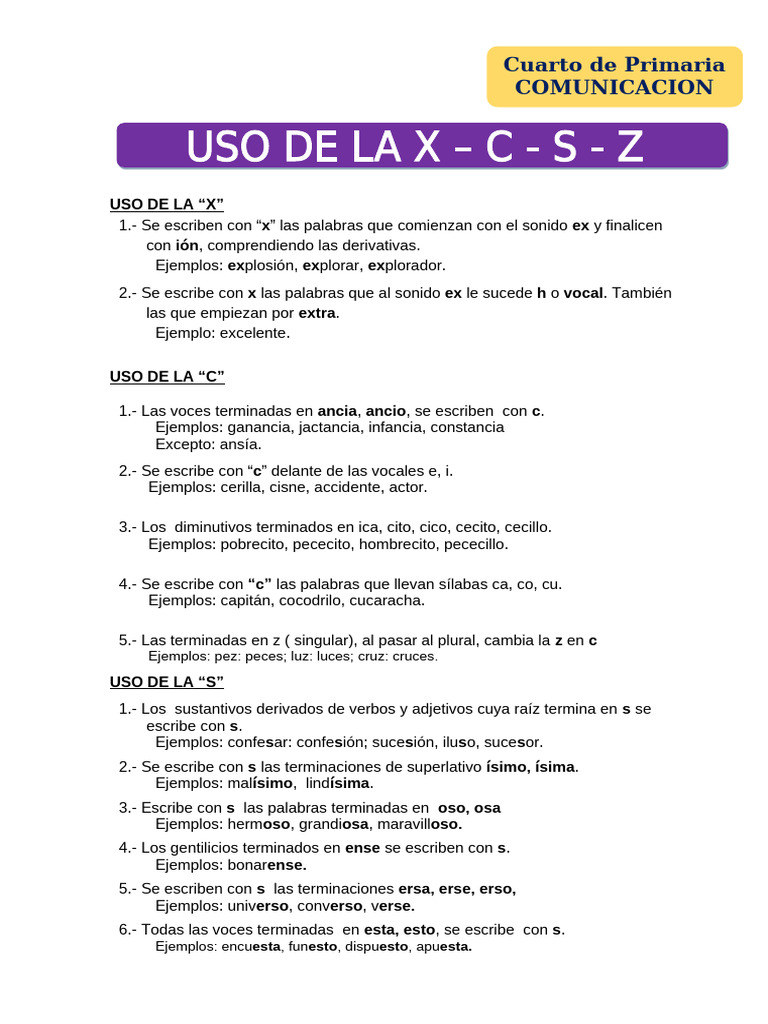 Uso X,S cuarto de primaria | PDF | Sintaxis | Semántica