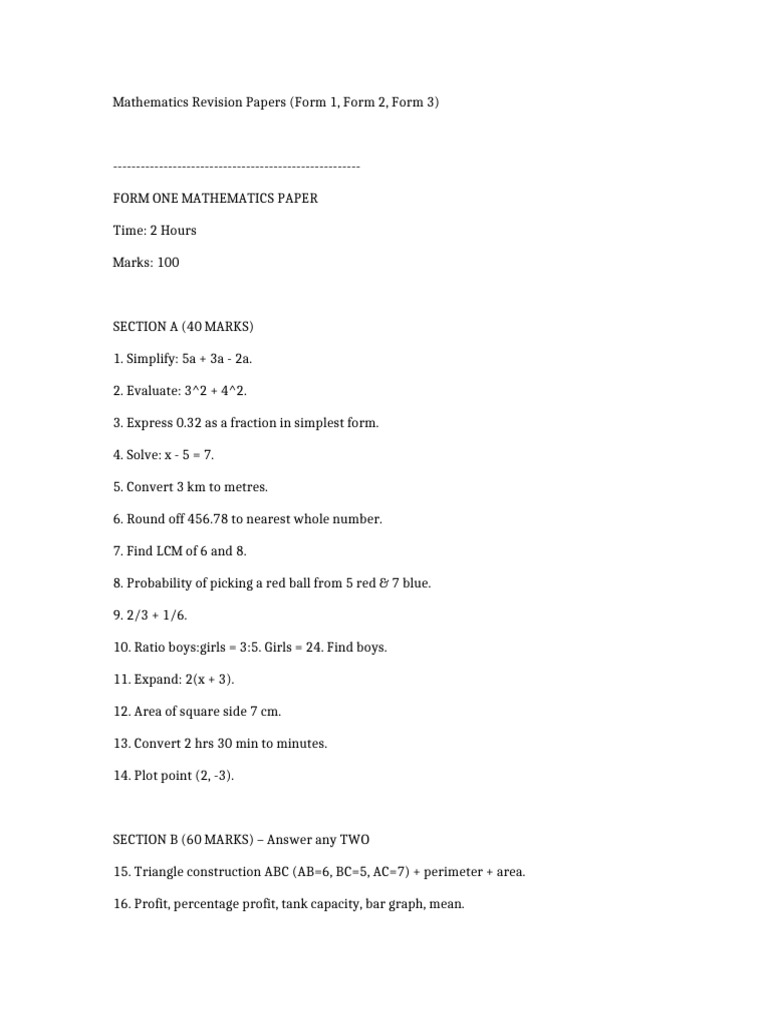 Math Revision Papers Form1 Form2 Form3 FULL | PDF | Area | Euclidean ...