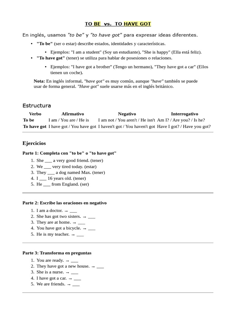 "Uso de 'To Be' y 'To Have Got' en Inglés" | PDF