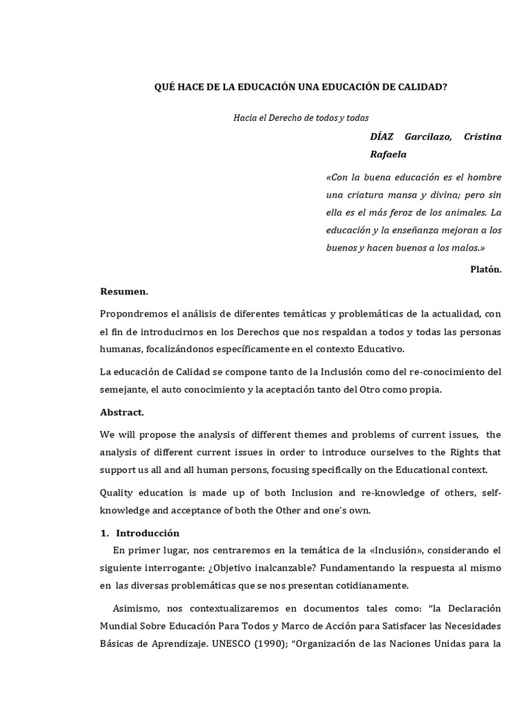 Diaz, R. (2020) Quu - Hace de La Educaci - N Una Educaci - N de Calidad. | PDF | Inclusión ...
