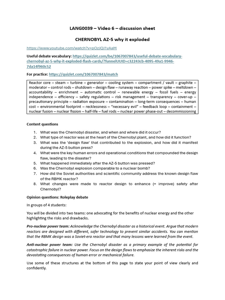 Chernobyl AZ-5 Explosion Discussion Guide | PDF | Chernobyl Disaster ...