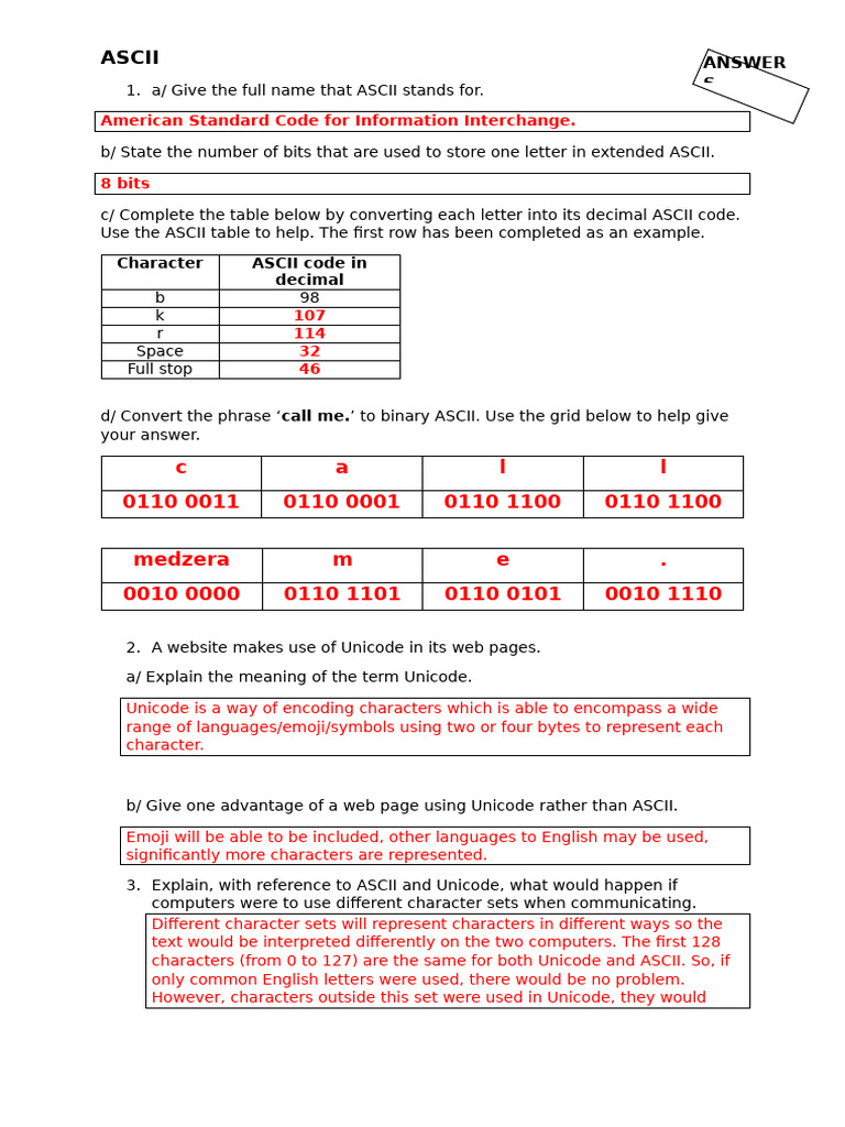 ASCII - Exercise - Eng - Answers | PDF