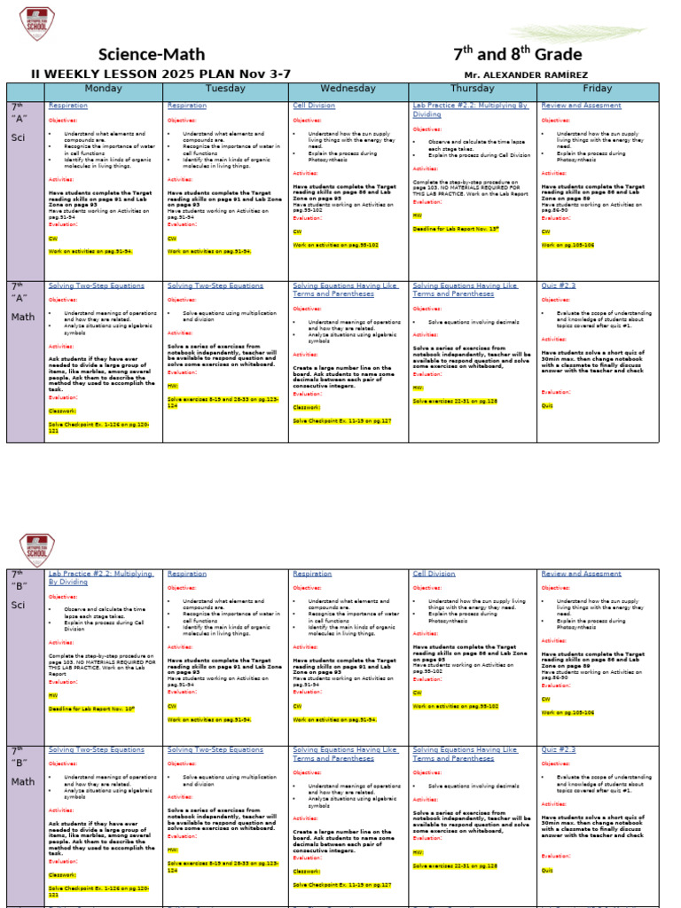 7th-8th Grade Weekly Lesson Plan | PDF | Life | Mathematics