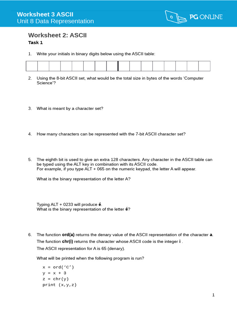 Data Representation Worksheet 3 Characters.docx | PDF | Integer ...