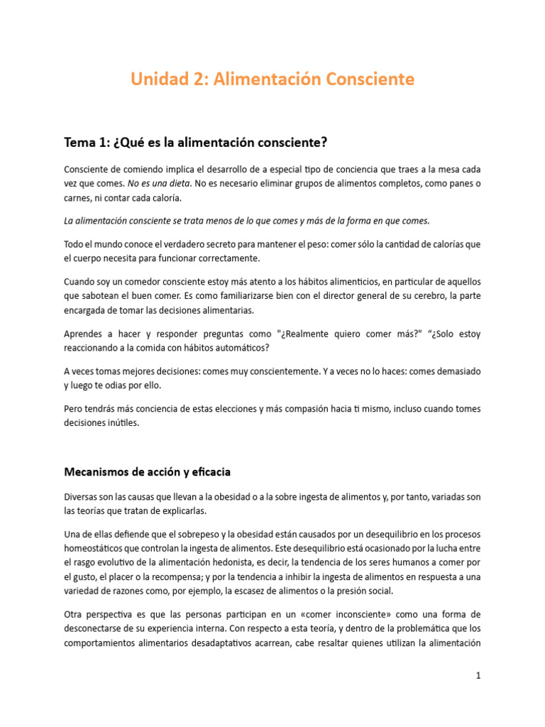 Unidad 2 Tema 1 Que Es La Alimentacion Consciente | PDF | Las emociones ...