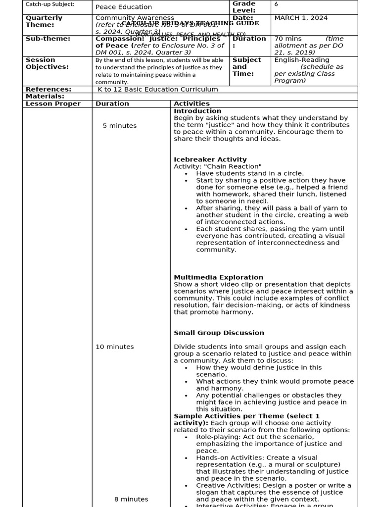 GRADE 6-Peace and Val Ed Catch-Up Plan | PDF | Justice | Crime & Violence