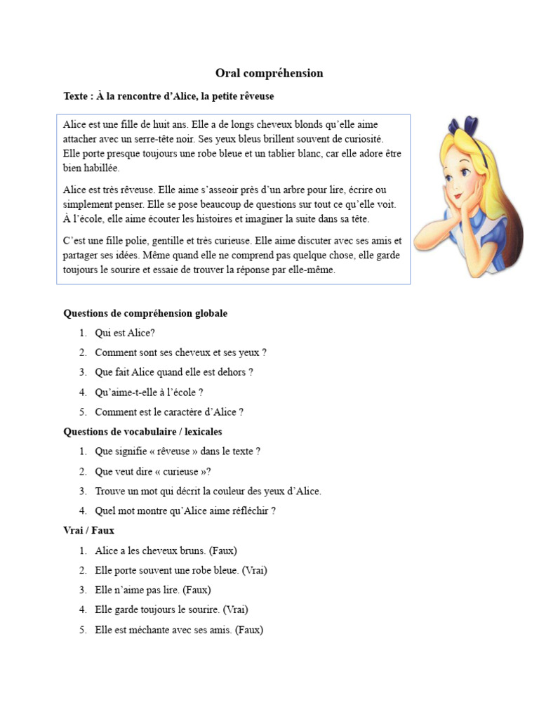 Comprehension Oral - Alice | PDF