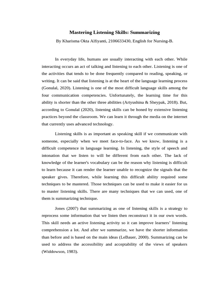 EFN B LTM 2 Summarizing Kharisma Okta Alfiyanti 2106633430 | PDF | Vocabulary | Learning