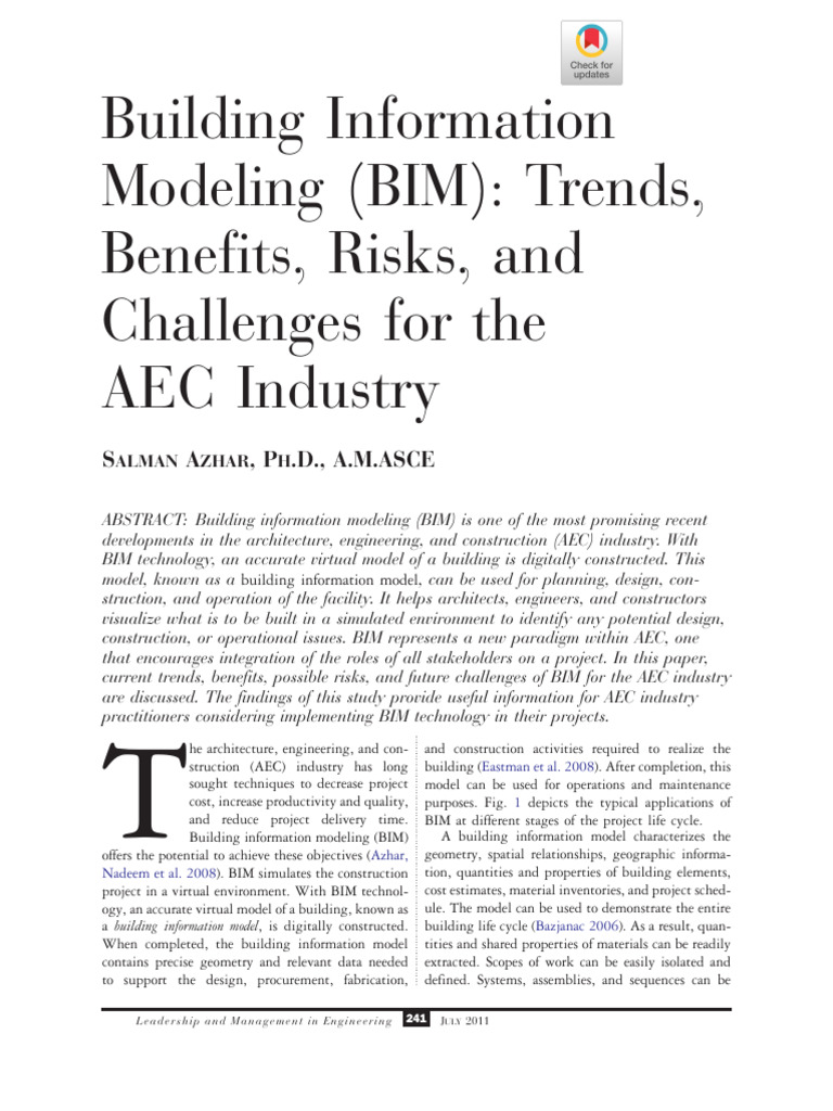 Azhar 2011 Building Information Modeling (Bim) Trends Benefits Risks and Challenges For The Aec ...