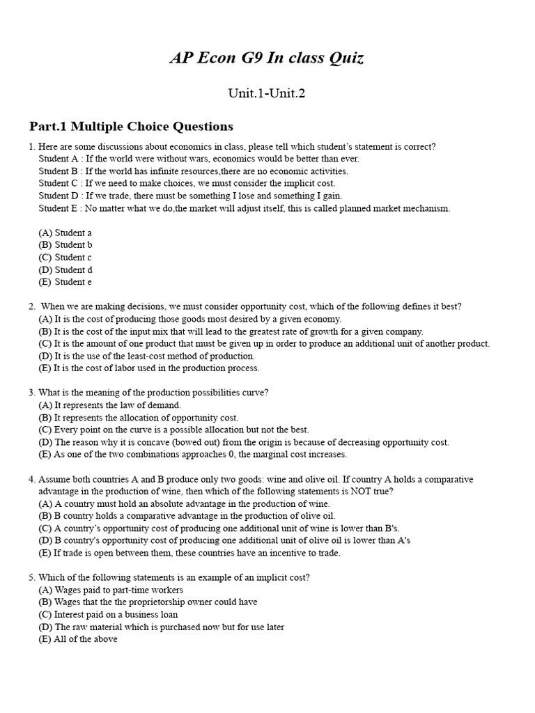 AP Econ G9 in Class Quiz (Unit.1 + Unit.2 Sample) | PDF | Opportunity ...