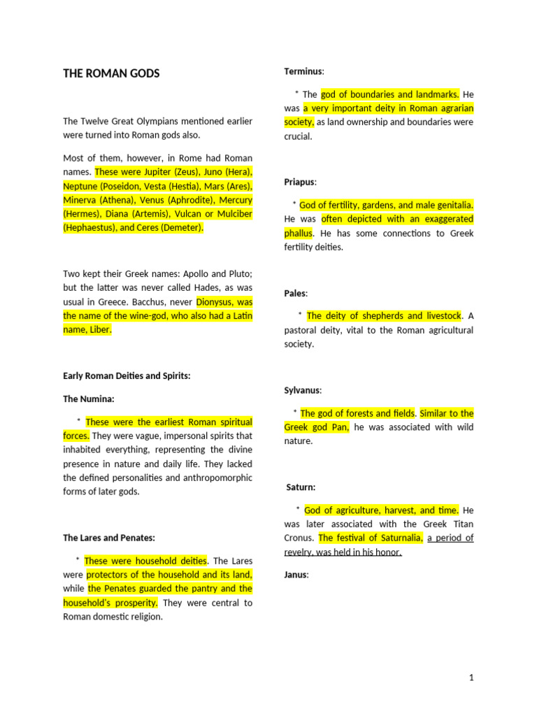 Roman Gods and Their Greek Equivalents | PDF | Twelve Olympians | Dionysus