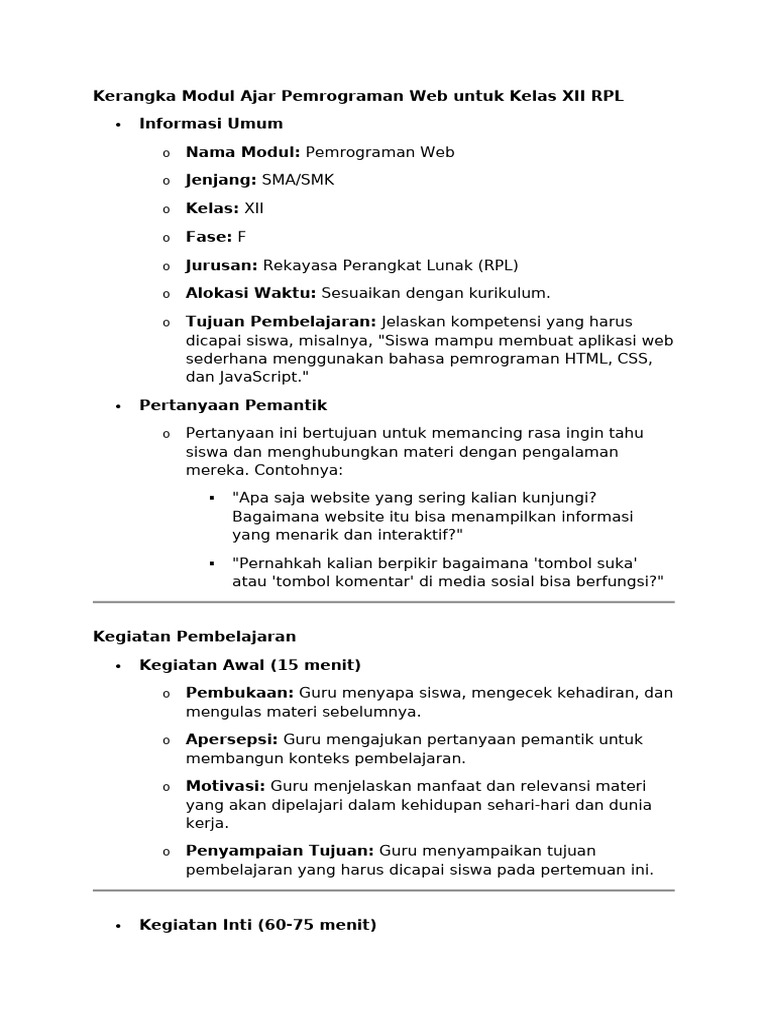 Kerangka Modul Ajar Pemrograman Web untuk Kelas XII RPL | PDF