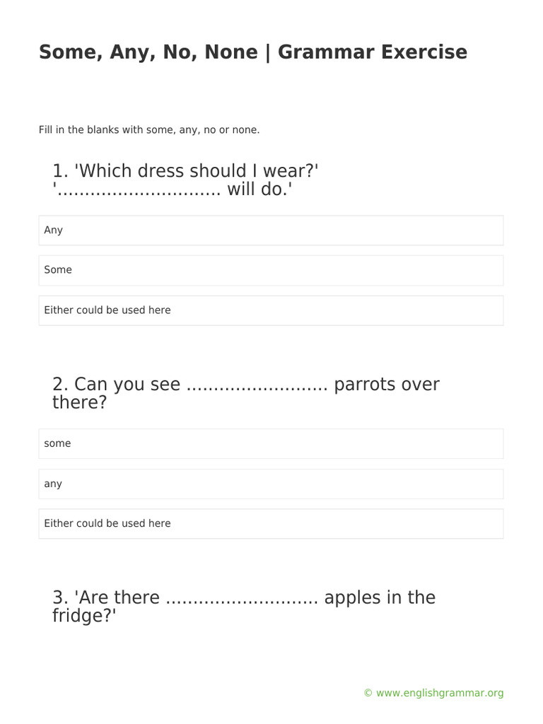 Some, Any, No, None - Grammar Exercise | PDF | Chess Theory | Chess