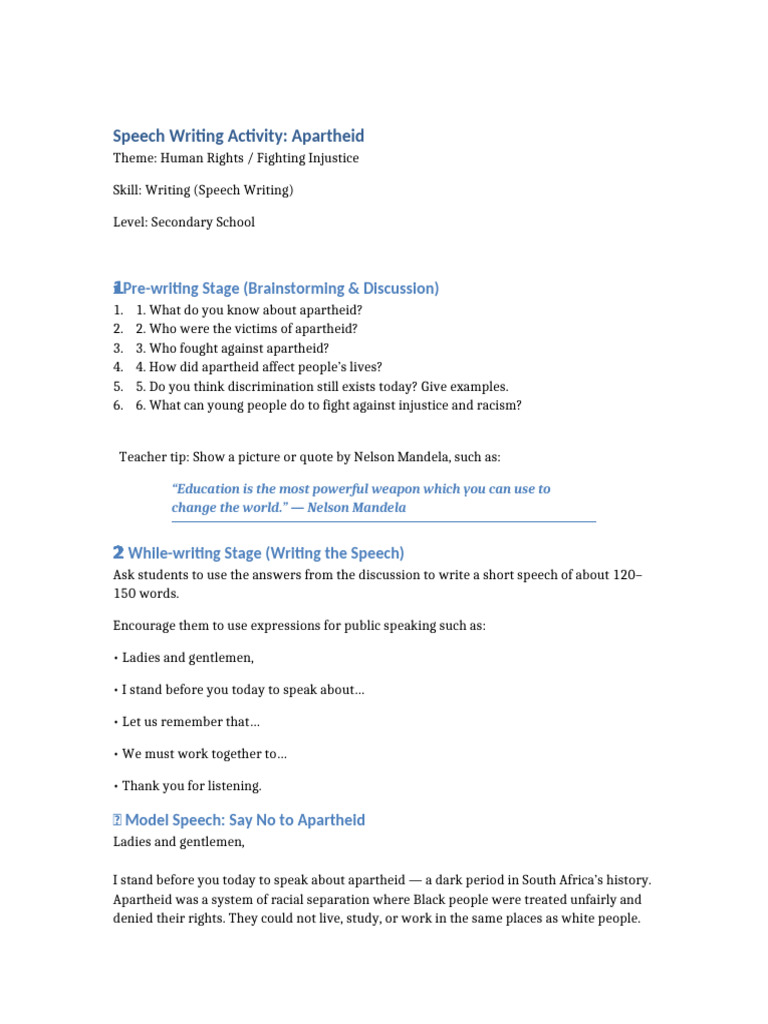 Speech Writing Apartheid Activity | PDF