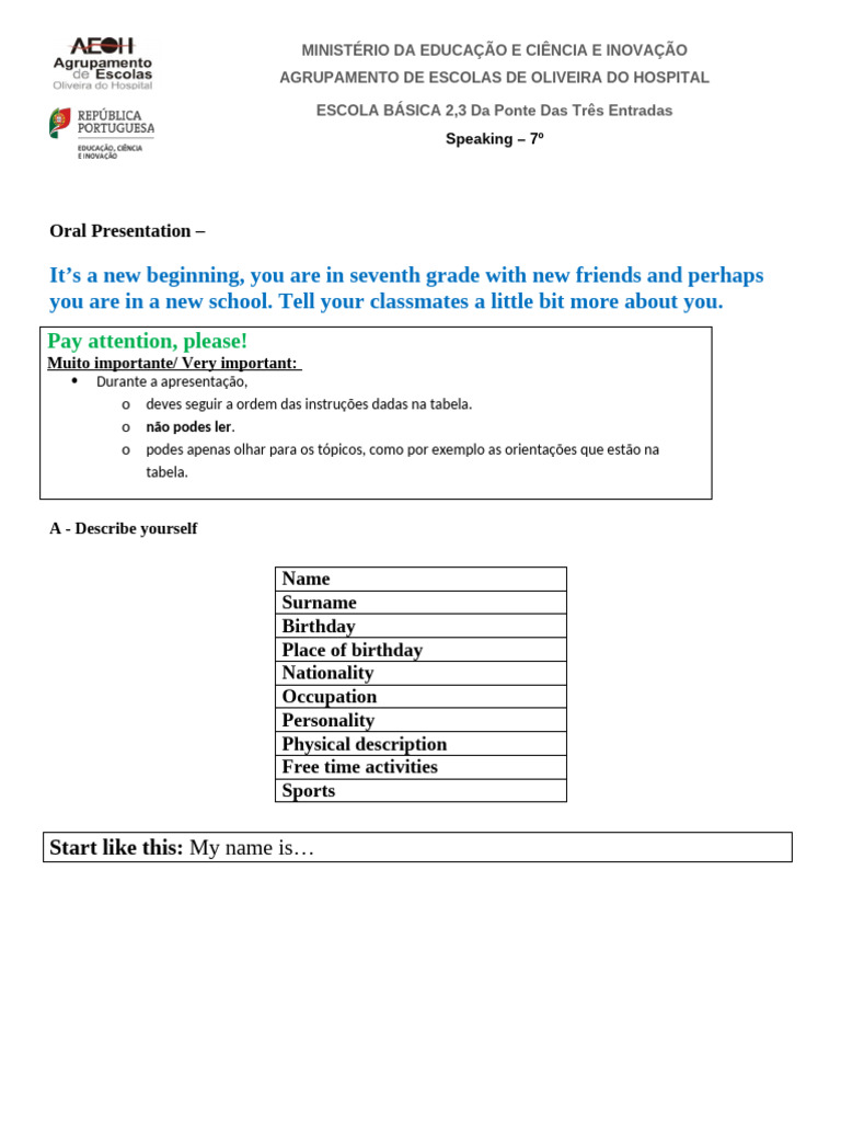 1º Speaking - 7º | PDF