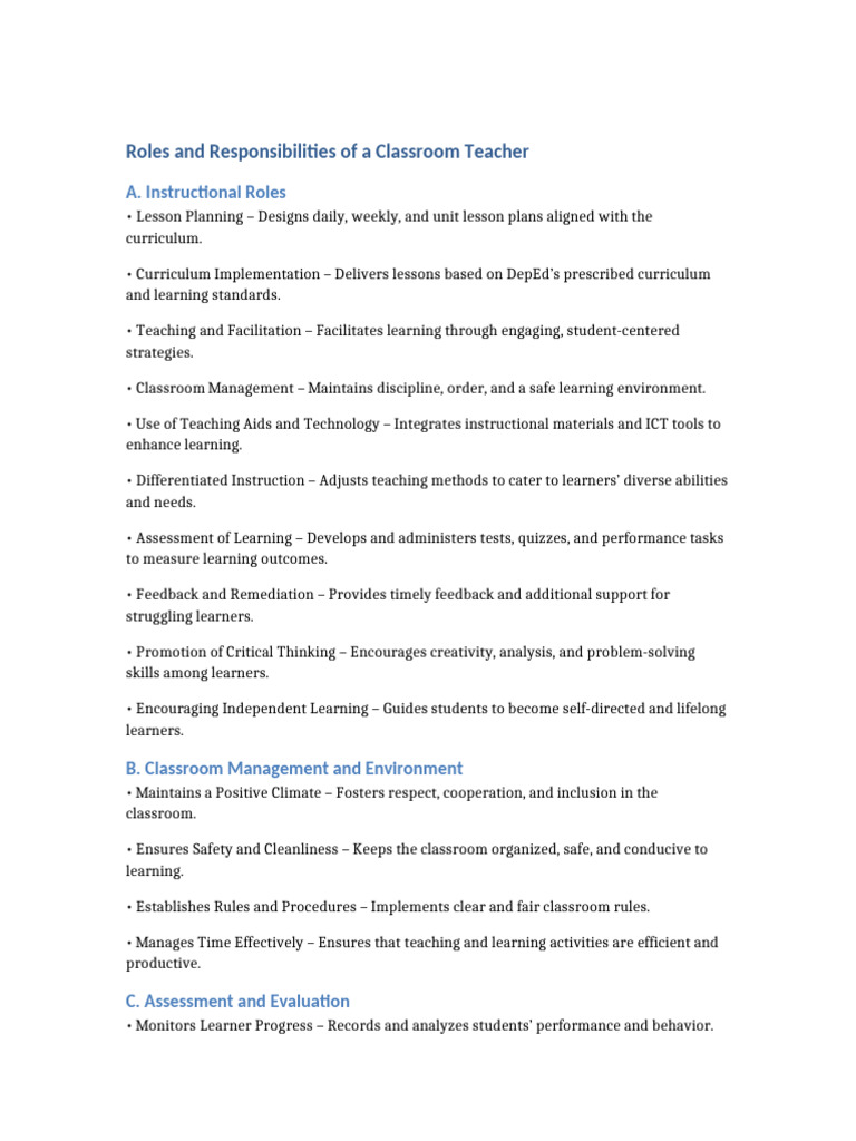 Classroom Teacher Roles and Responsibilities | PDF | Learning ...