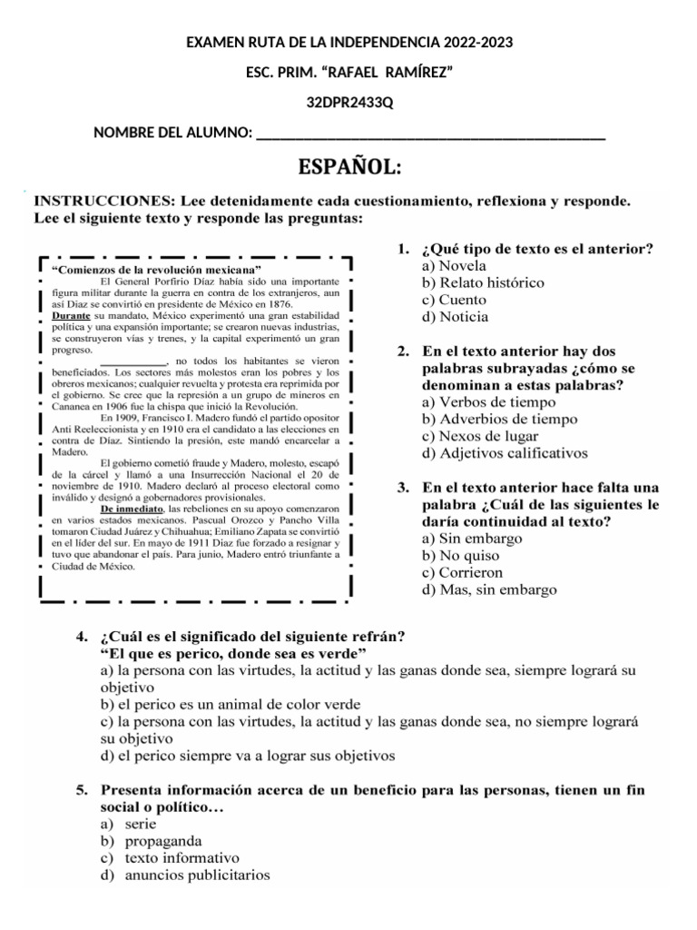 Examen Ruta de La Independencia 2023 Alternativa 1 | PDF