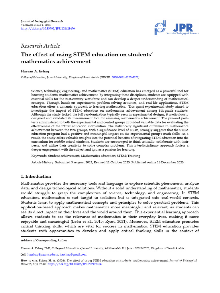 The Effect of Using Stem Education on Students Mathematics Achievement ...
