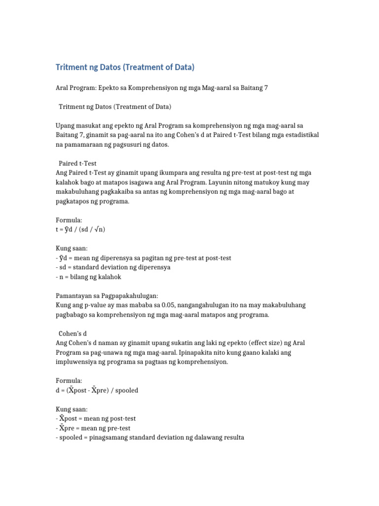 Treatment of Data Cohens D and Paired TTest Aral Program | PDF