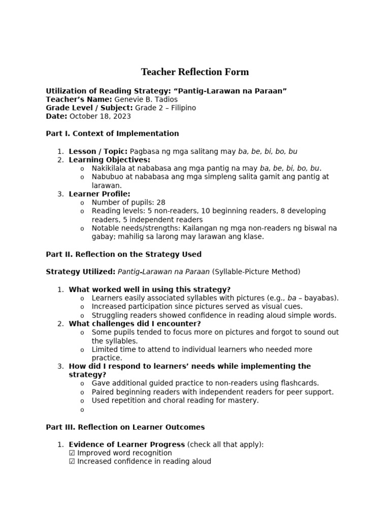 Teacher Reflection on Reading Strategy | PDF | Applied Linguistics ...