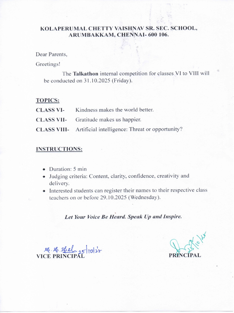 Talkathon - Internal Competition Circular For STD Vi To Viii | PDF