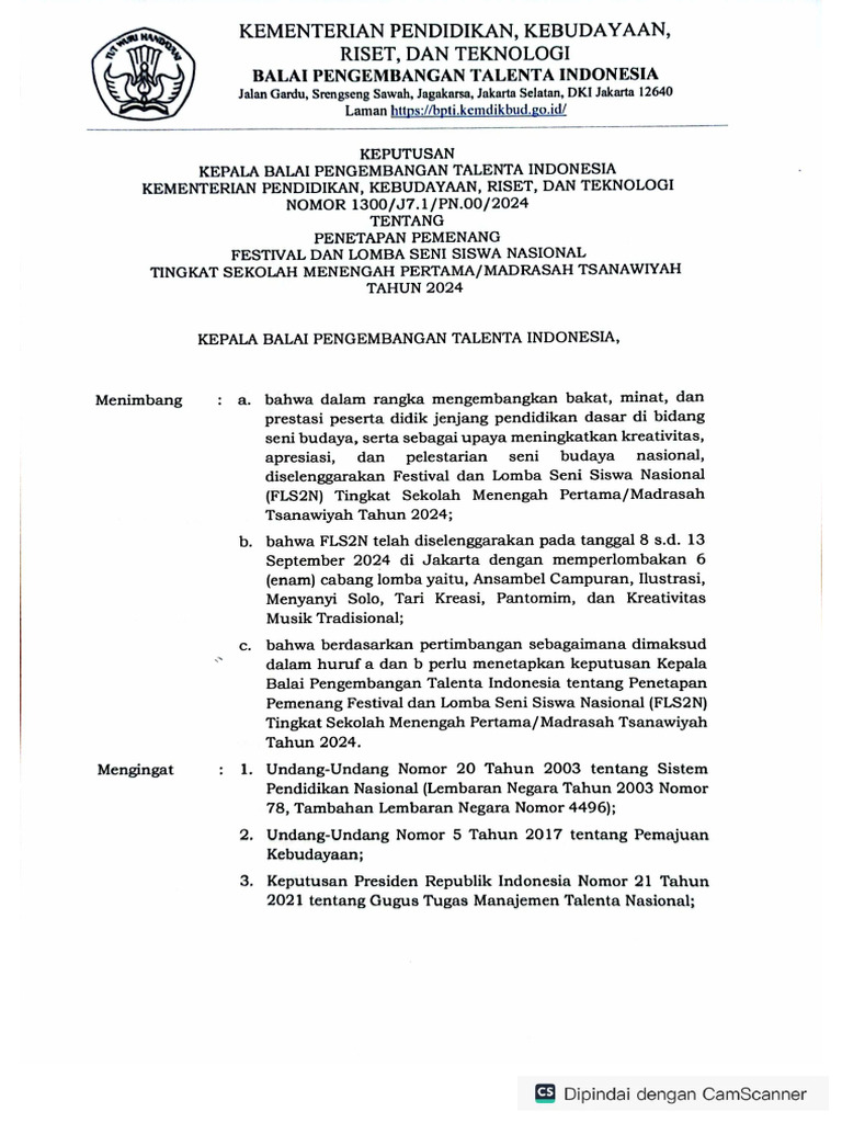 SK Penetapan Pemenang FLS2N-SMP Tahun 2024 | PDF