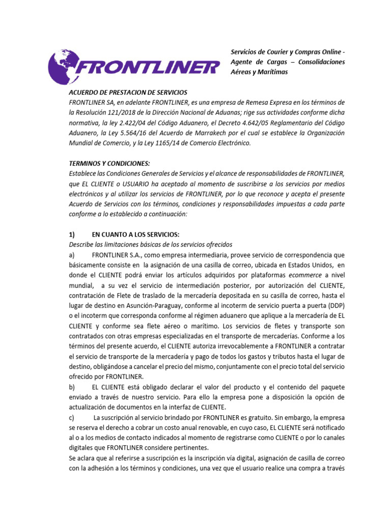 Frontliner Términos y Condiciones | PDF | aduana | Transporte