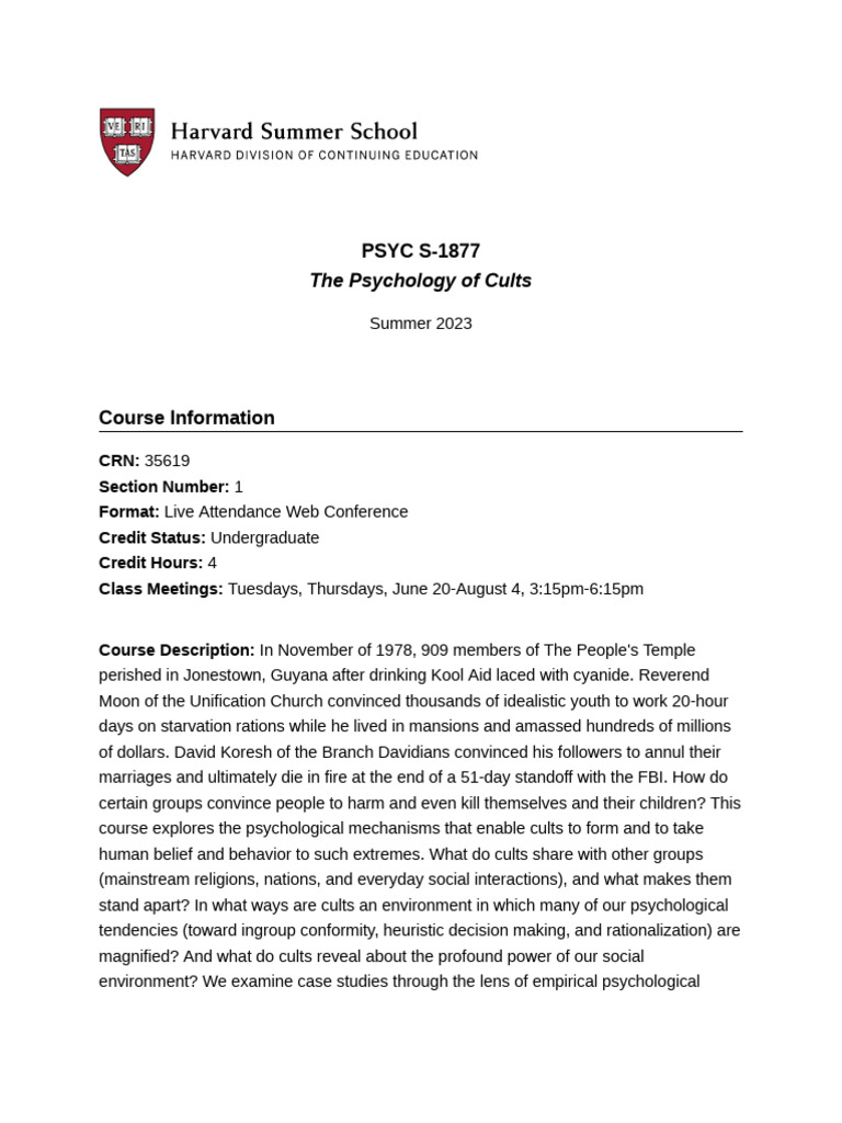 Summer Term 2023 Full Term PSYC S 1877 1 The Psychology of Cults | PDF ...